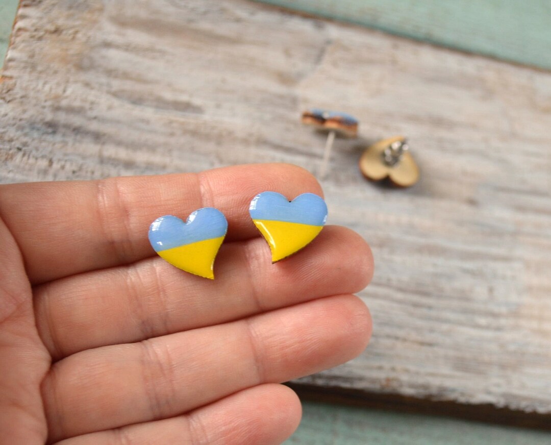 Blue Yellow Heart Stud Earrings Wooden, Ukrainian Flag Jewelry Stand ...
