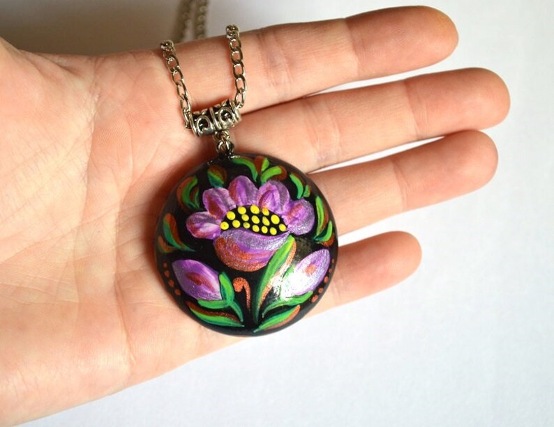 Wood Necklace Hand Painted Pendant Lilac Flower Pendant Bridesmaids ...