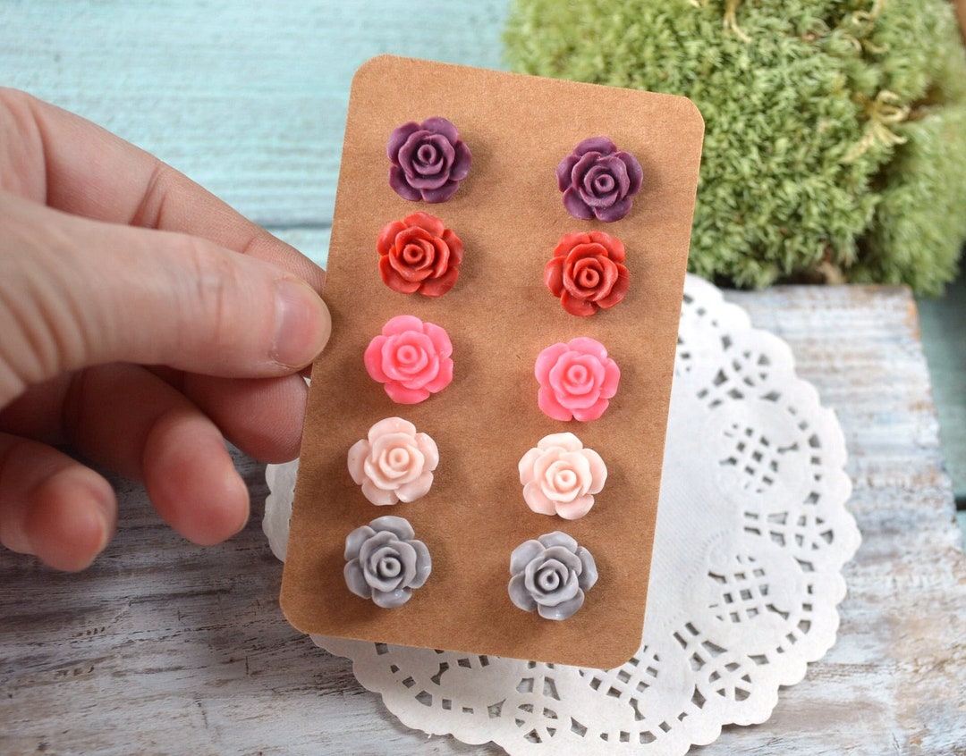 Pink Roses Stud Earrings Set, Minimalist Earrings Tiny Rose Post for ...