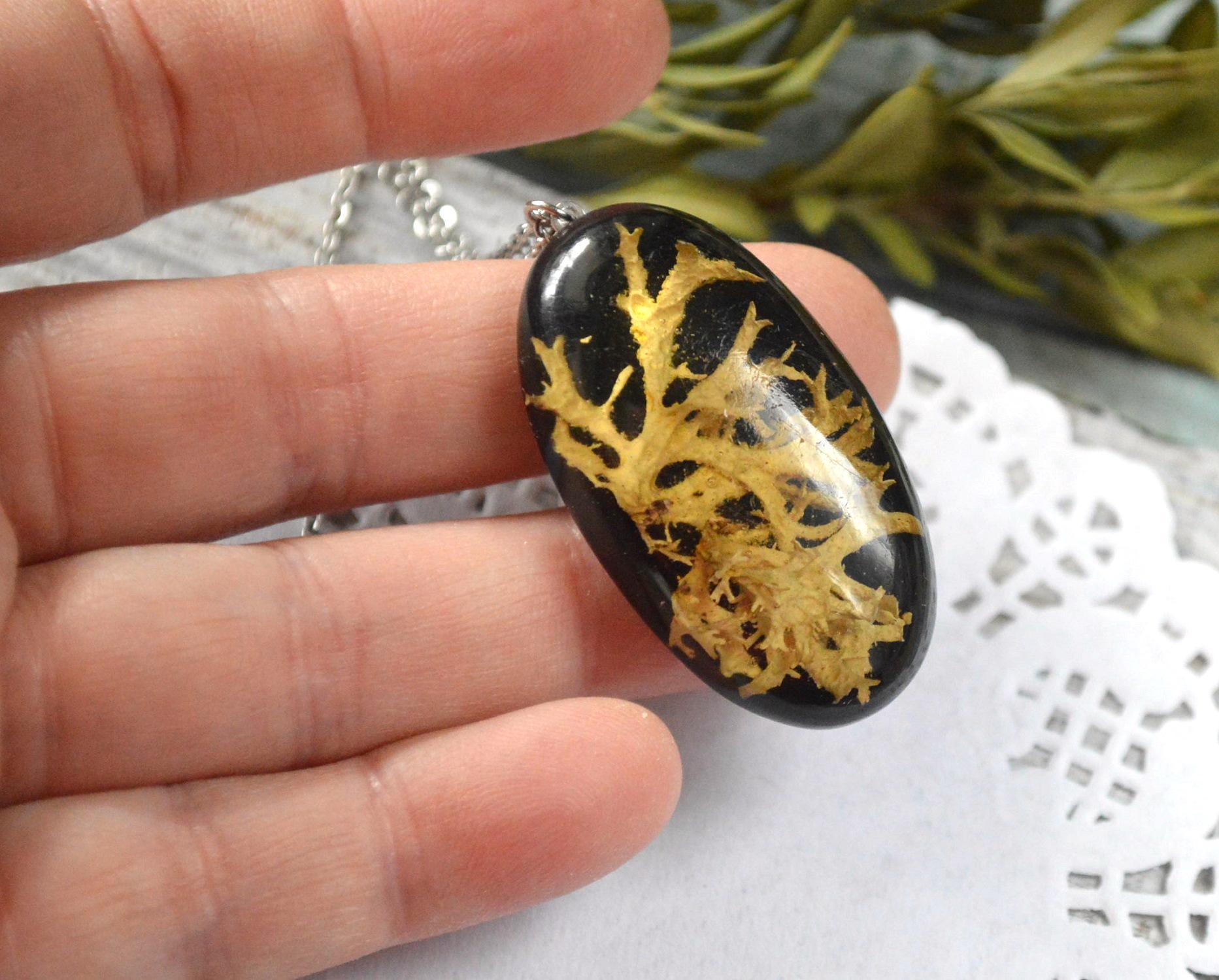 Real Lichen Pendant Necklace Resin, Gothic Unique Gift for Nature Lover ...