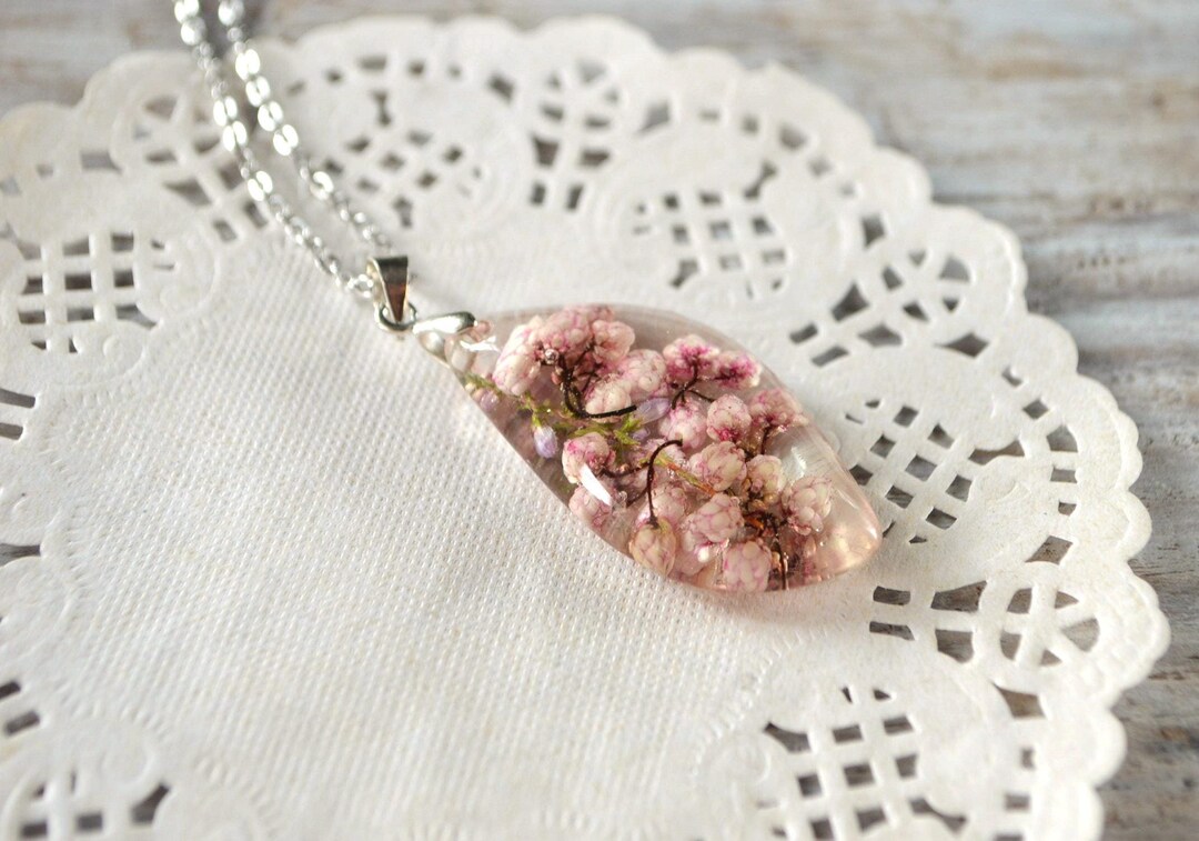 Pink Ozothamnus Pendant Necklace Rice Pressed Flower Jewelry, Crystal ...
