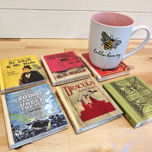 Classic Scifi Novels Reclaimed Wood Book Coaster Set - Unique Gift for ...