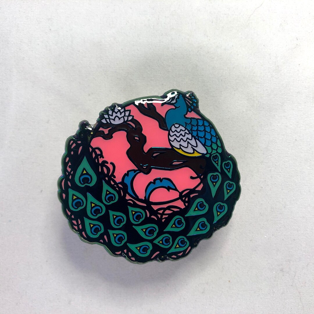 Art Nouveau Enamel Pin Limited Edition Peacock Bird Rainbow Metal Pink ...