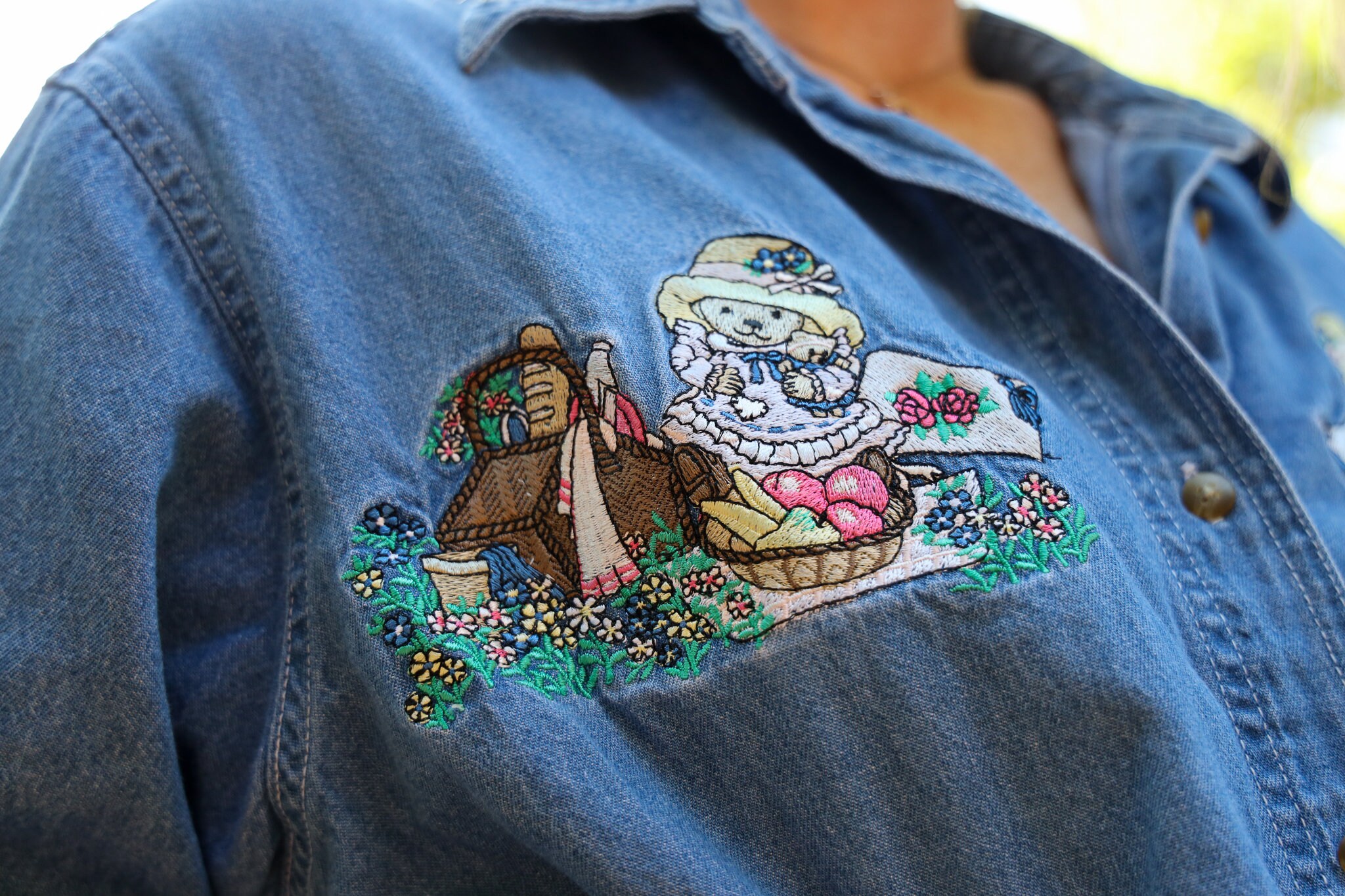 Vintage 90s Bobbie Brooks Embroidered Bear Denim Button Down Shirt Size ...