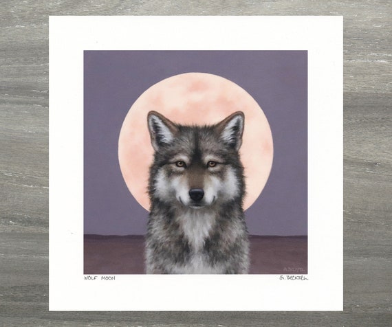 Wolf Art Print with Full Moon by Sarah Becktel. Wolf Painting | Etsy