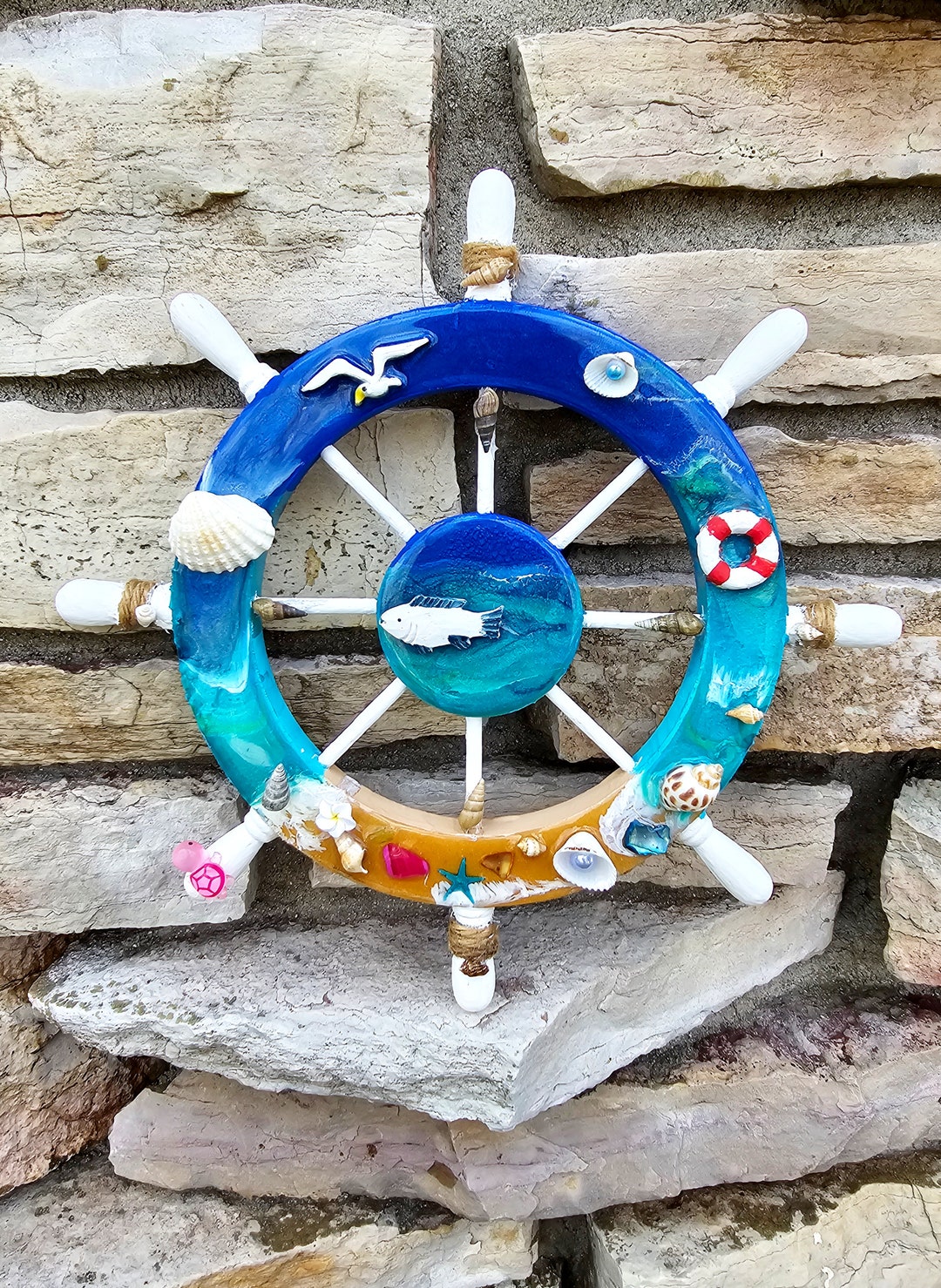 Ships Wheel Wall Art With Shells, Pearls, Turtle, Fish, Plumeria Flower ...