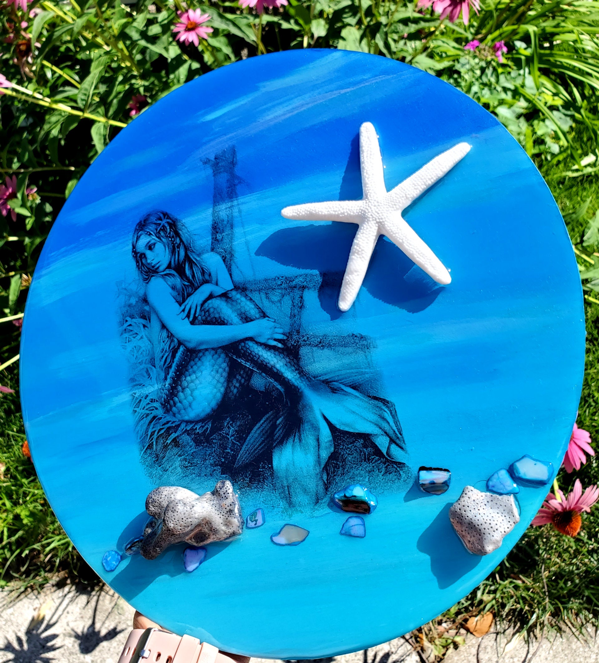 Mermaid Resin Wall Art With Grey Coral and Blue Shell Pieces and Glass ...