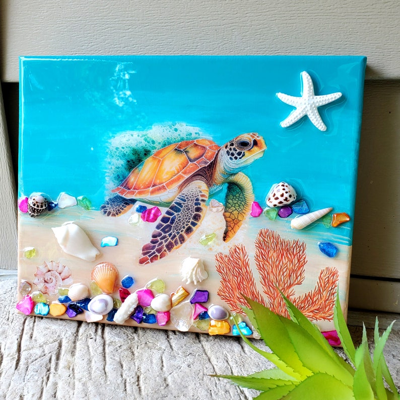 Sea Turtle Epoxy Resin Wall Art With With Shells,glass, Coral, and ...