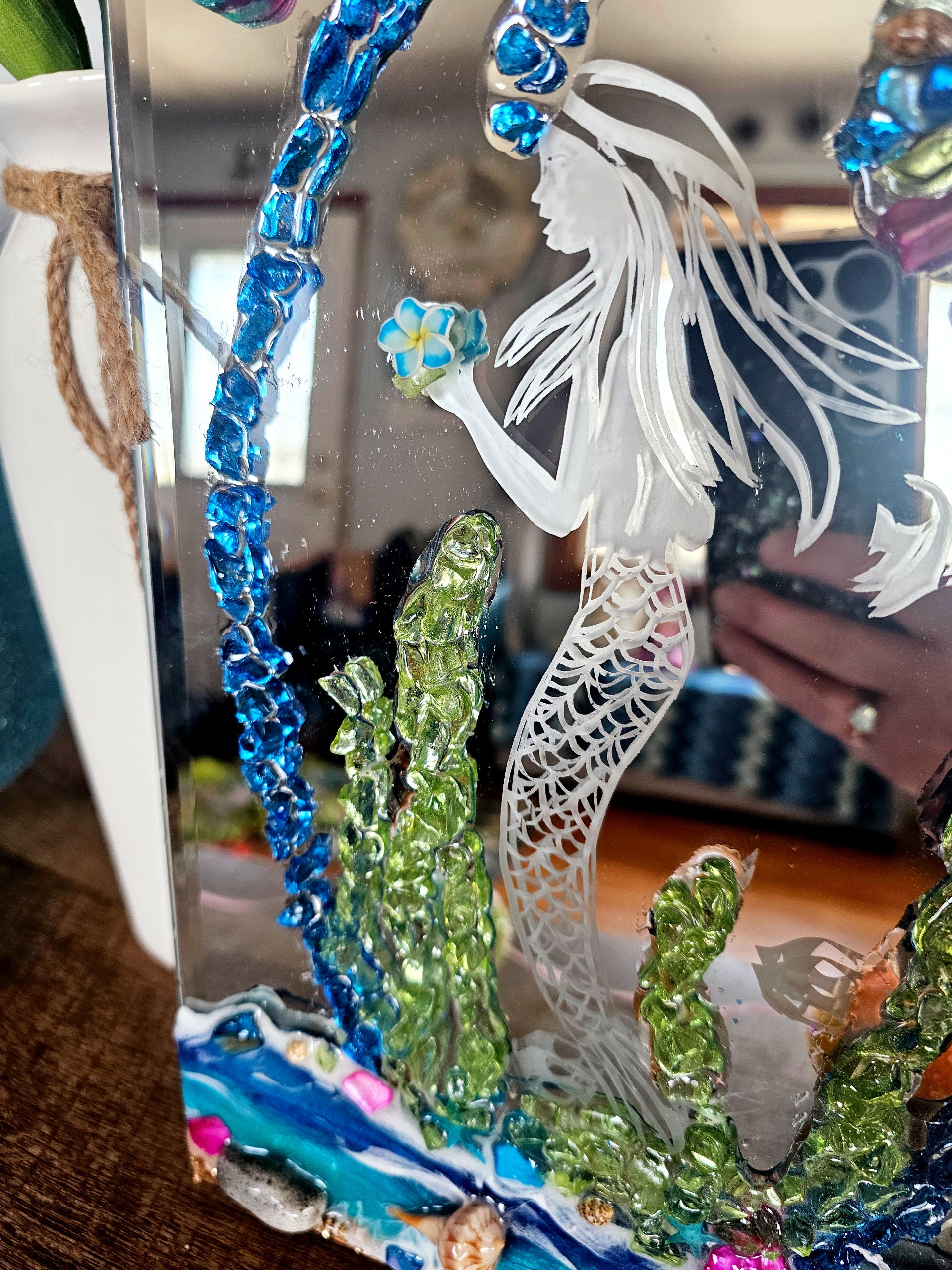 Mermaid Hanging Mirror Wall Art With Glass, Shells, Corals, Starfish ...