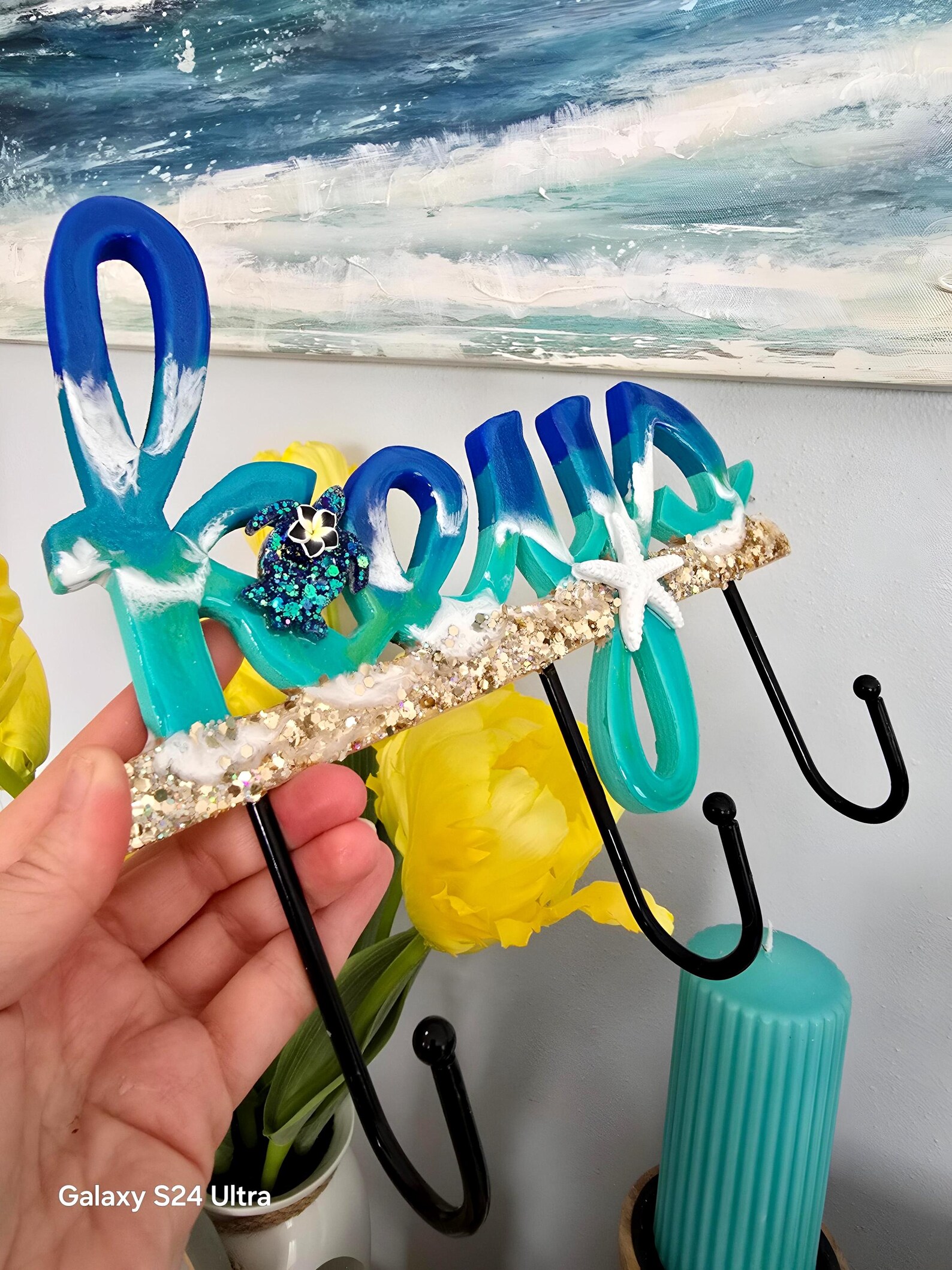 Beach Themed Key Holder With Glitter Beach, Sea Turtle and Starfish ...