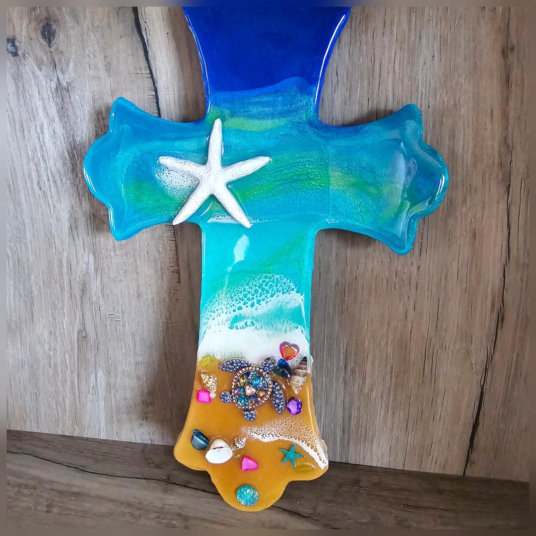 Seaturtle Ocean Cross With Shimmer Sand and Beach Scene, Coastal Cross ...