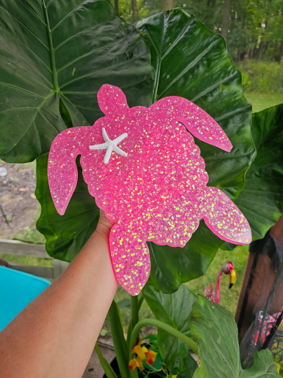 Bubblegum Pink Sea Turtle Wall Art With Glitter and Starfish, Sea ...