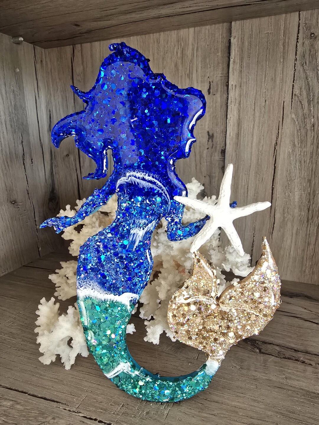 Mermaid Wall Art With Glitters, Starfish and Epoxy Resin Finishing ...