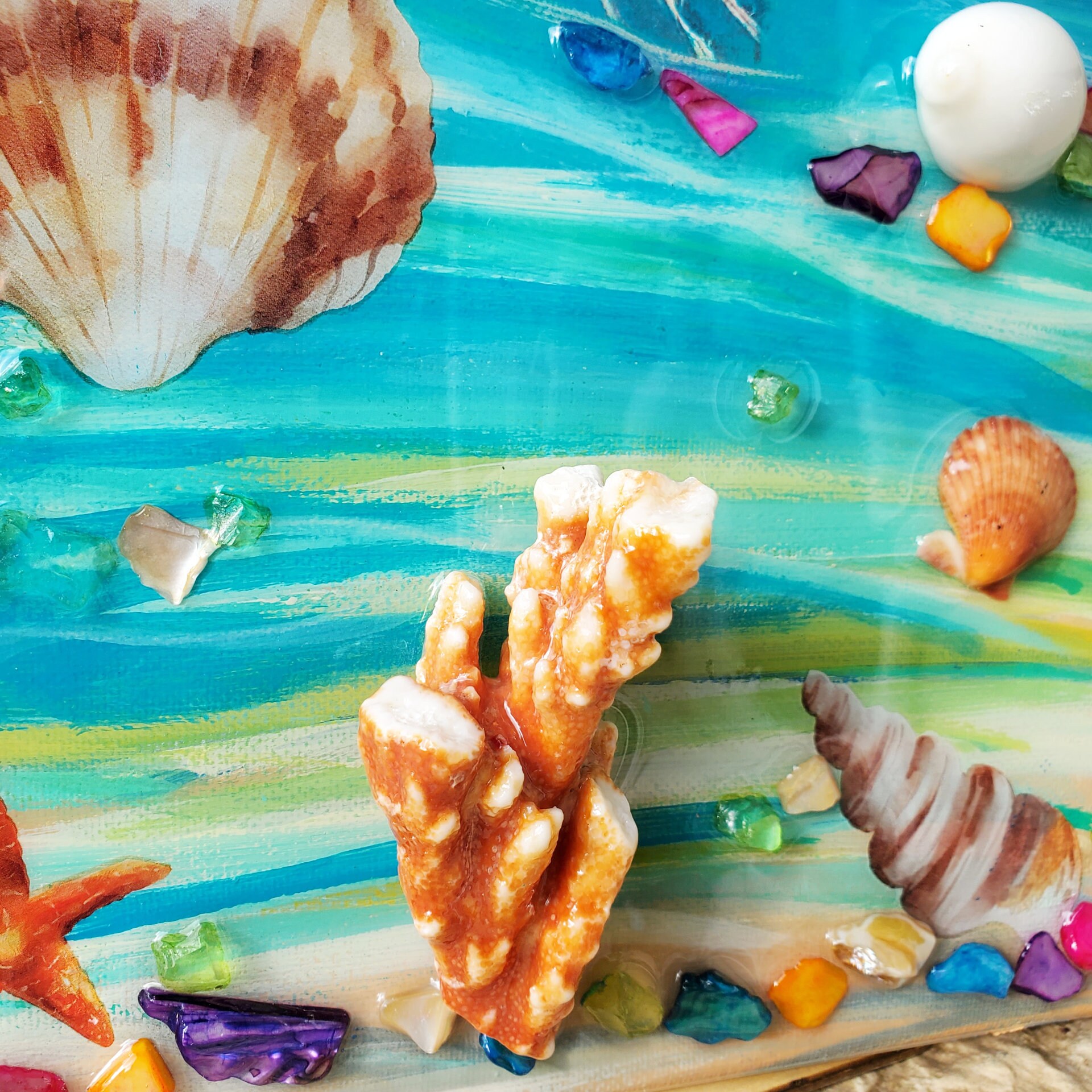 Large Sea Turtle Beach Art With Resin, Shells, Glass, Coral and ...