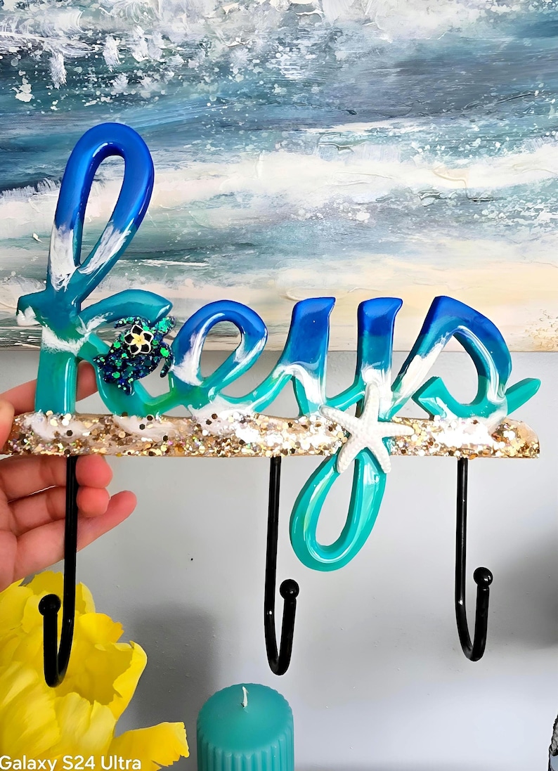 Beach Themed Key Holder With Glitter Beach, Sea Turtle and Starfish ...