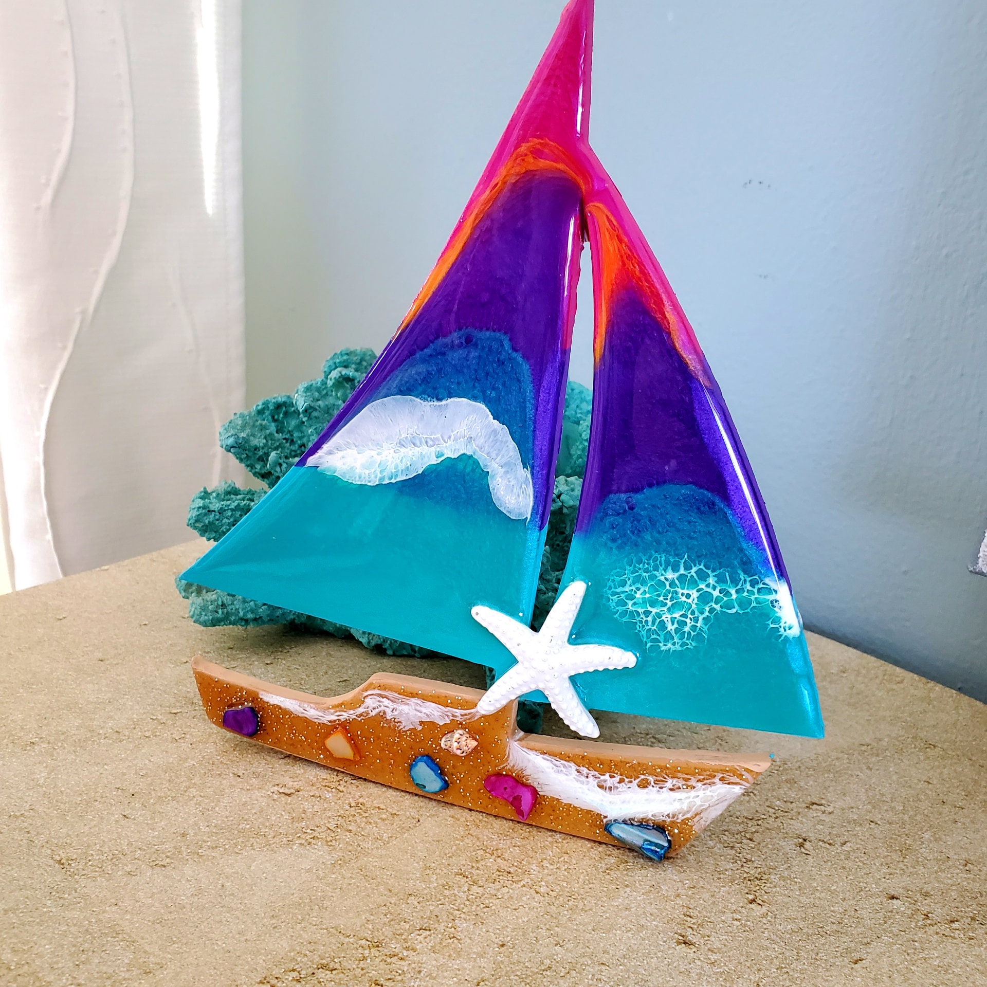 Colorful Sunset Sailboat Wall Decor With Glitter and Shells, Sailboat ...