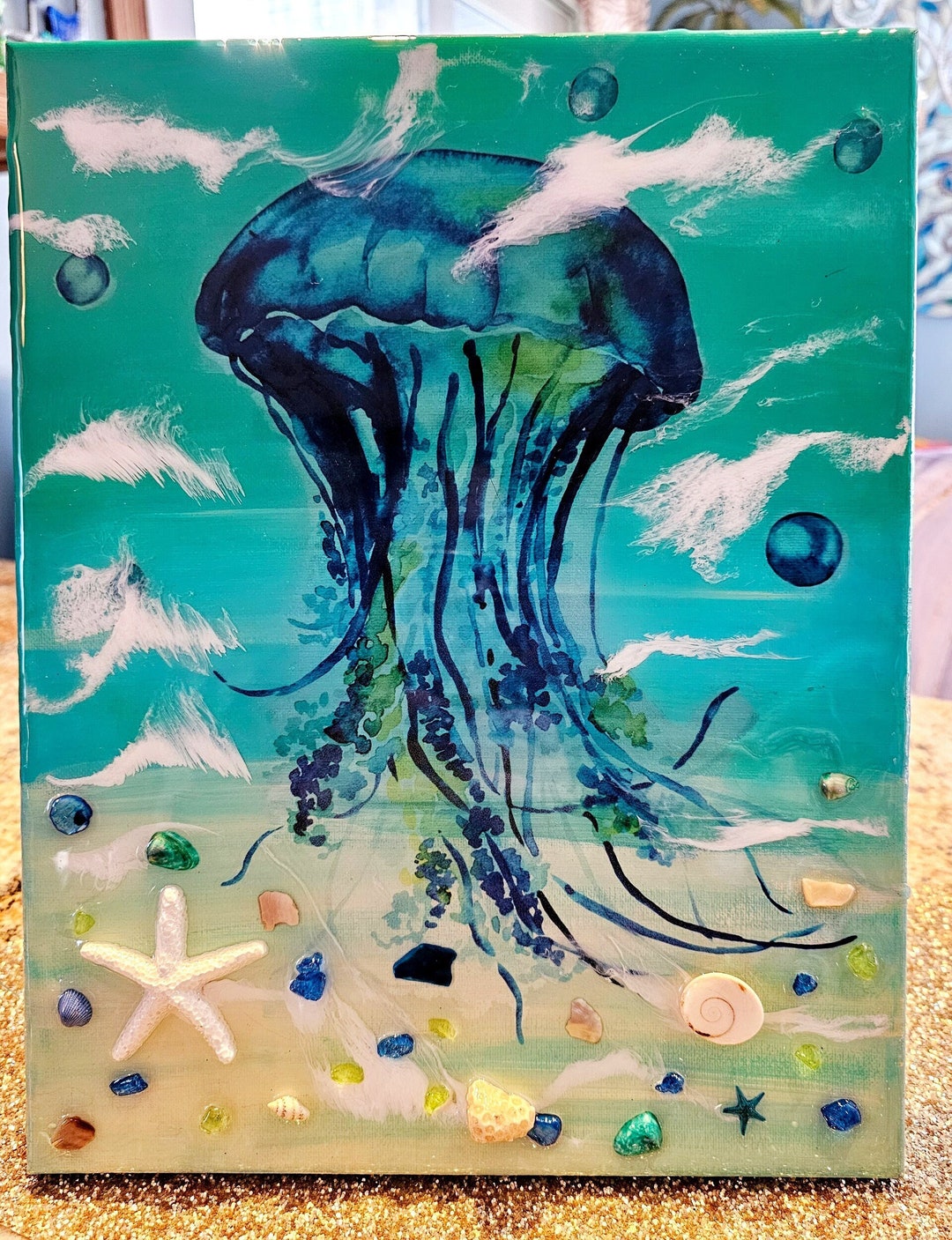 Jellyfish Wall Art With Epoxy Resin Finish, Starfish, Glass, and Shells ...