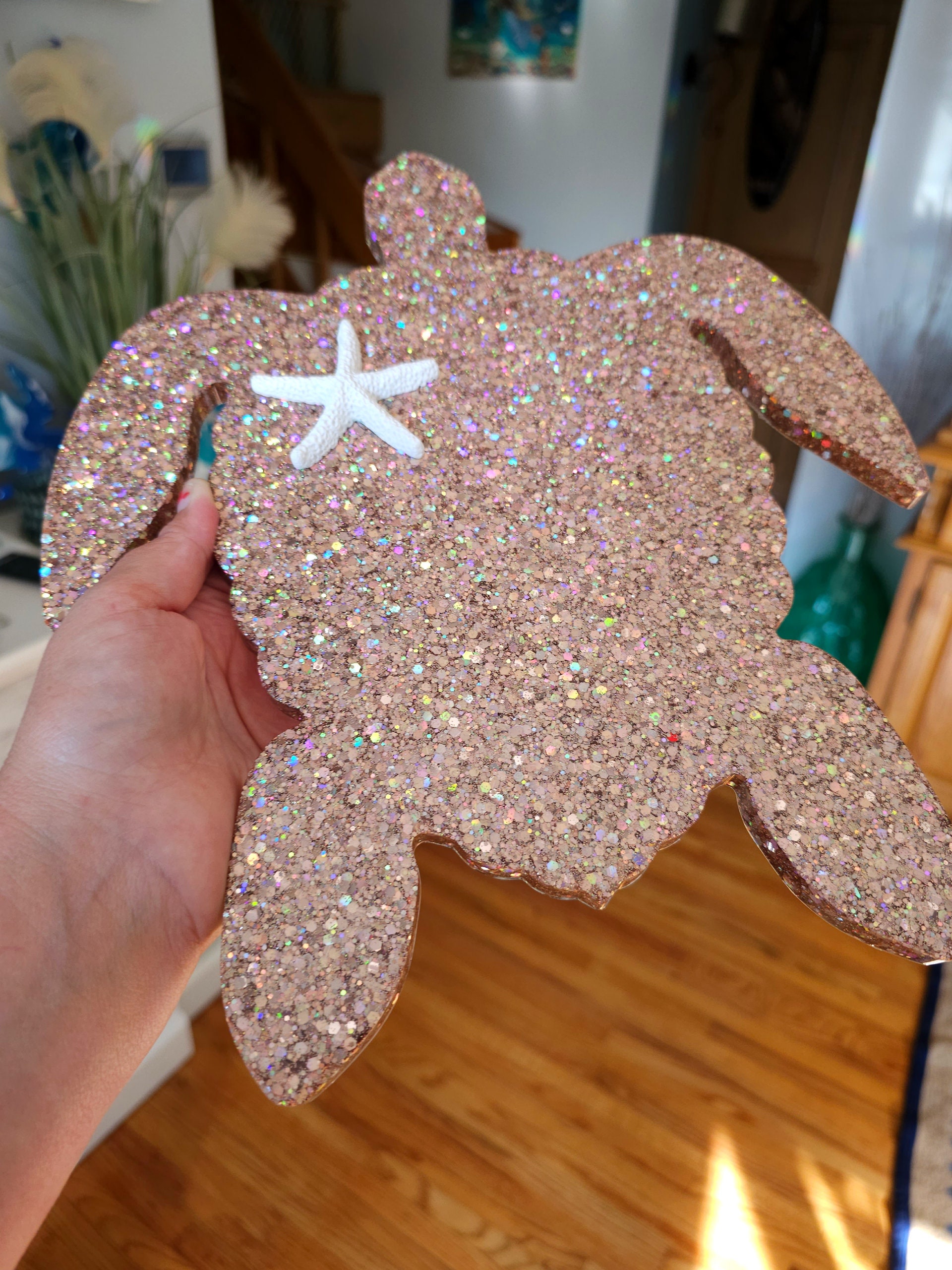 Rose Gold Holographic Glitter Sea Turtle Wall Art With White Resin ...