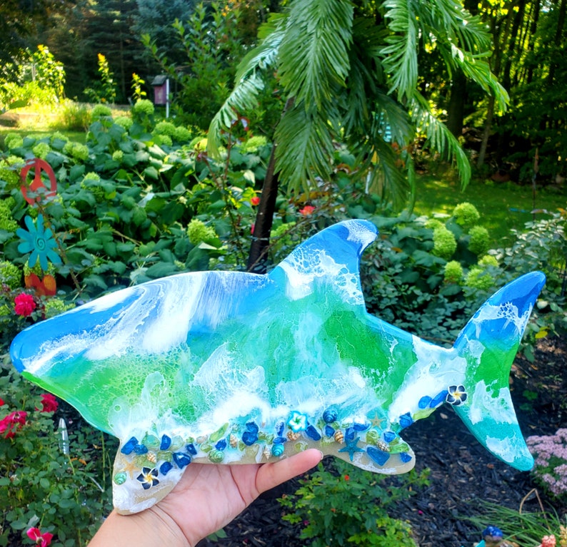 Epoxy Resin Ocean Wave Shark With Shells, Shark Resin Art, Beach Decor ...