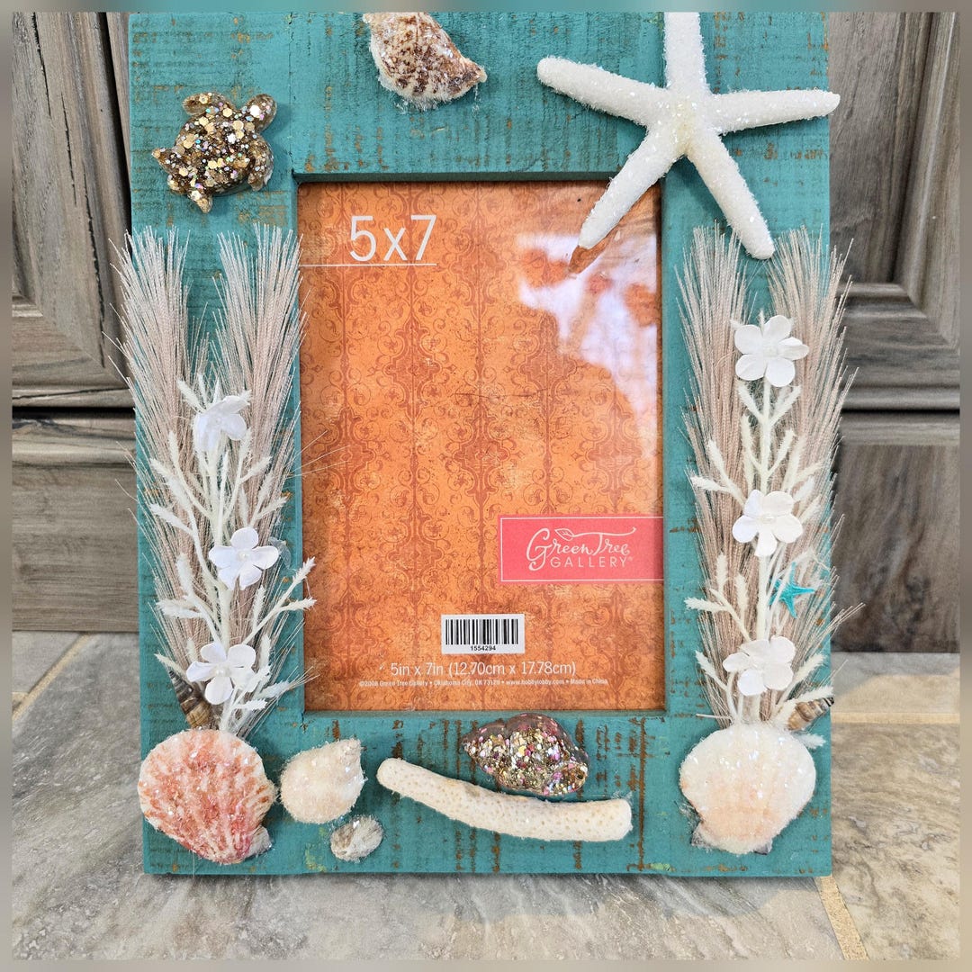 Coastal Picture Frame With Beach Shells, Seaturtle and Diamond Dust ...