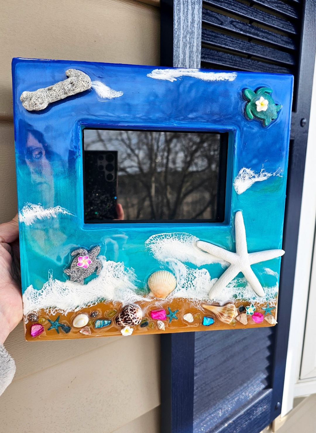 Ocean Beach Wall Art Picture Frame With Sea Turtles, Natural Shells ...