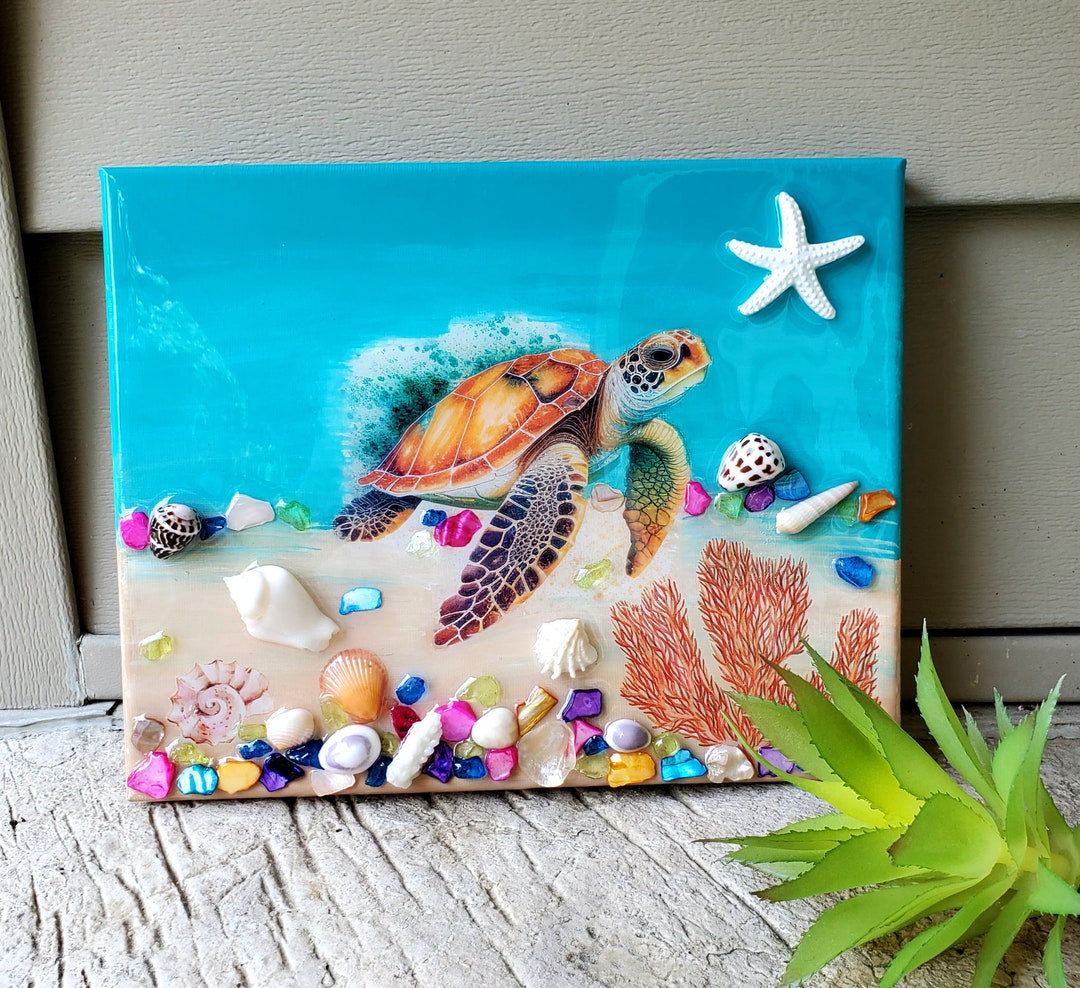 Sea Turtle Epoxy Resin Wall Art With With Shells,glass, Coral, and ...