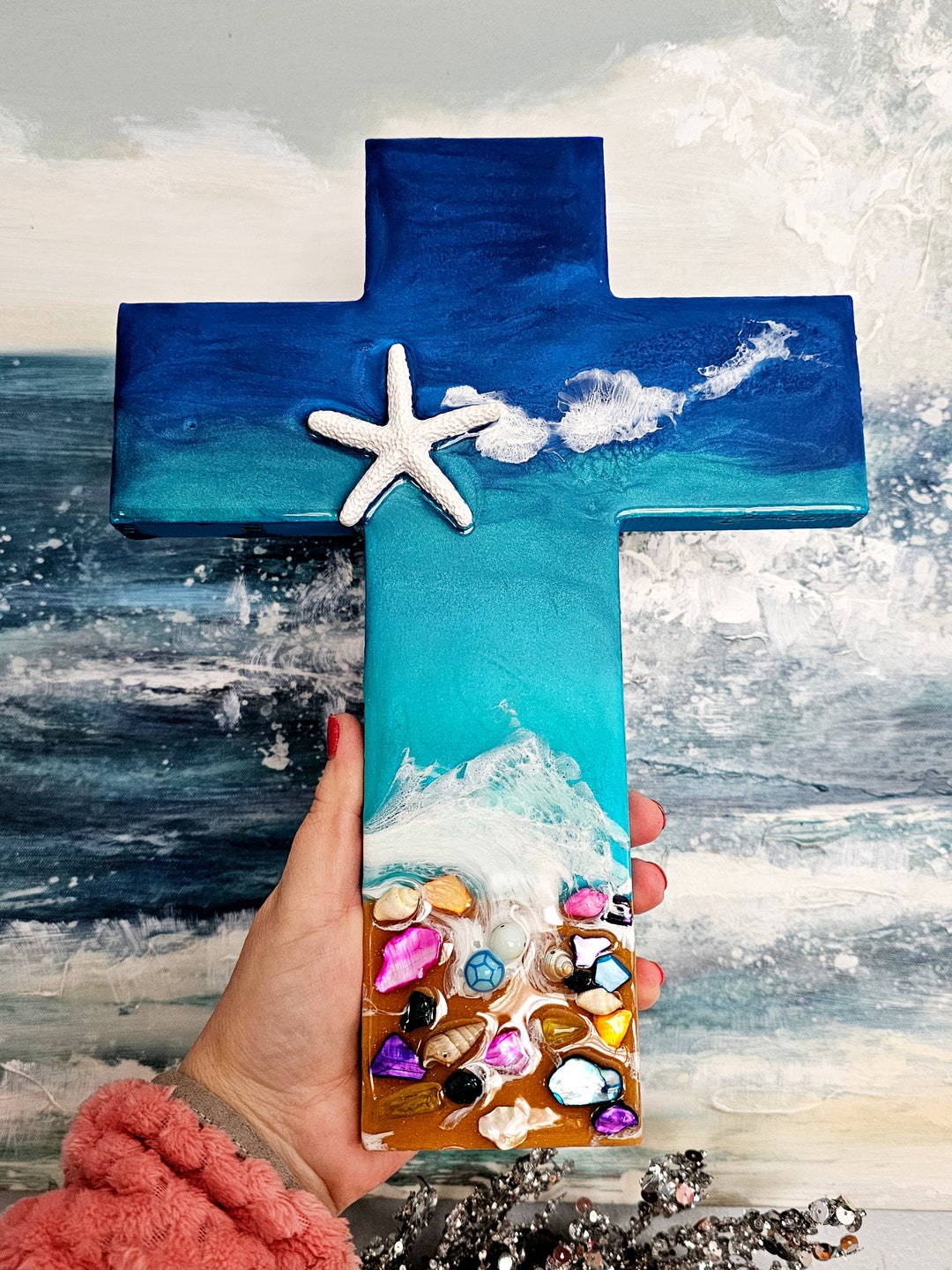 Large Blue Ocean Beach Cross With Shimmer Sand, Shells, Glass, Colored ...