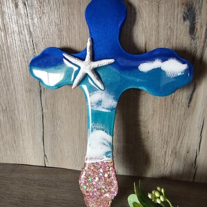 Cross Ocean Wall Hanging With Starfish and Holographic Gold Beach ...