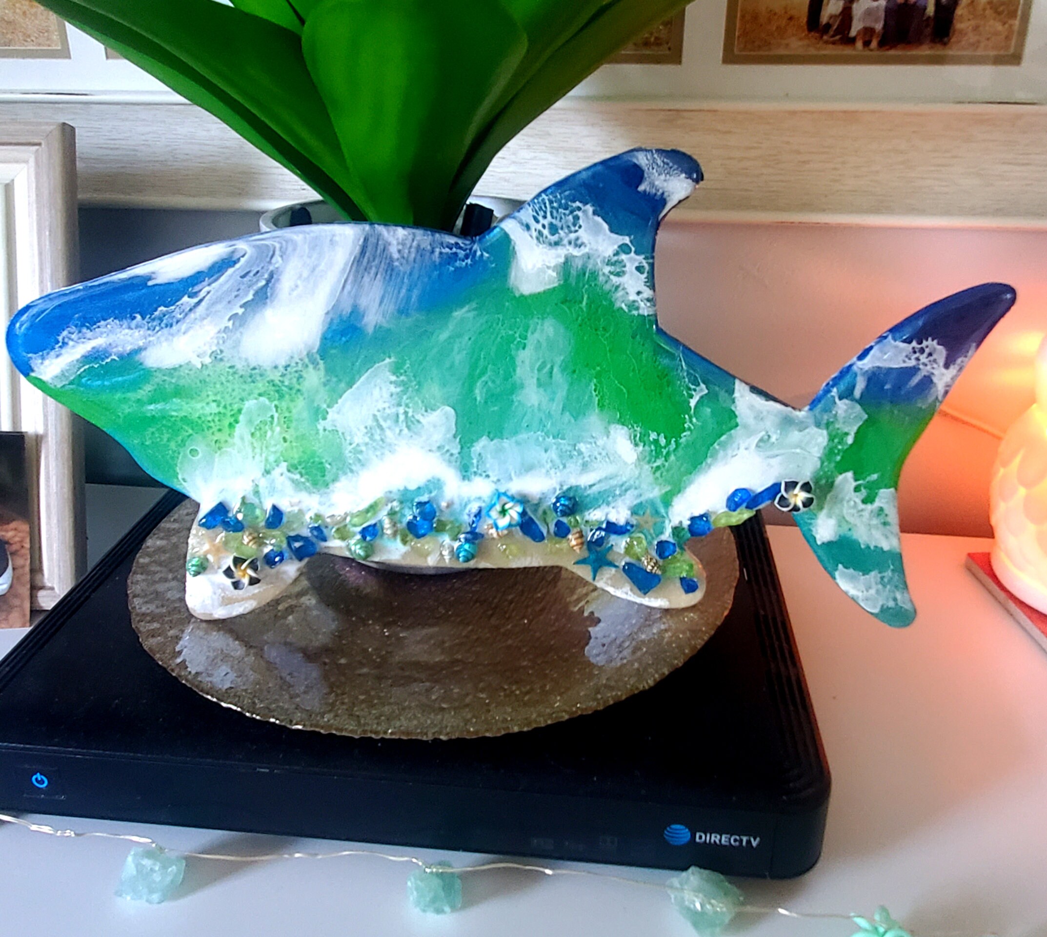 Epoxy Resin Ocean Wave Shark With Shells, Shark Resin Art, Beach Decor ...