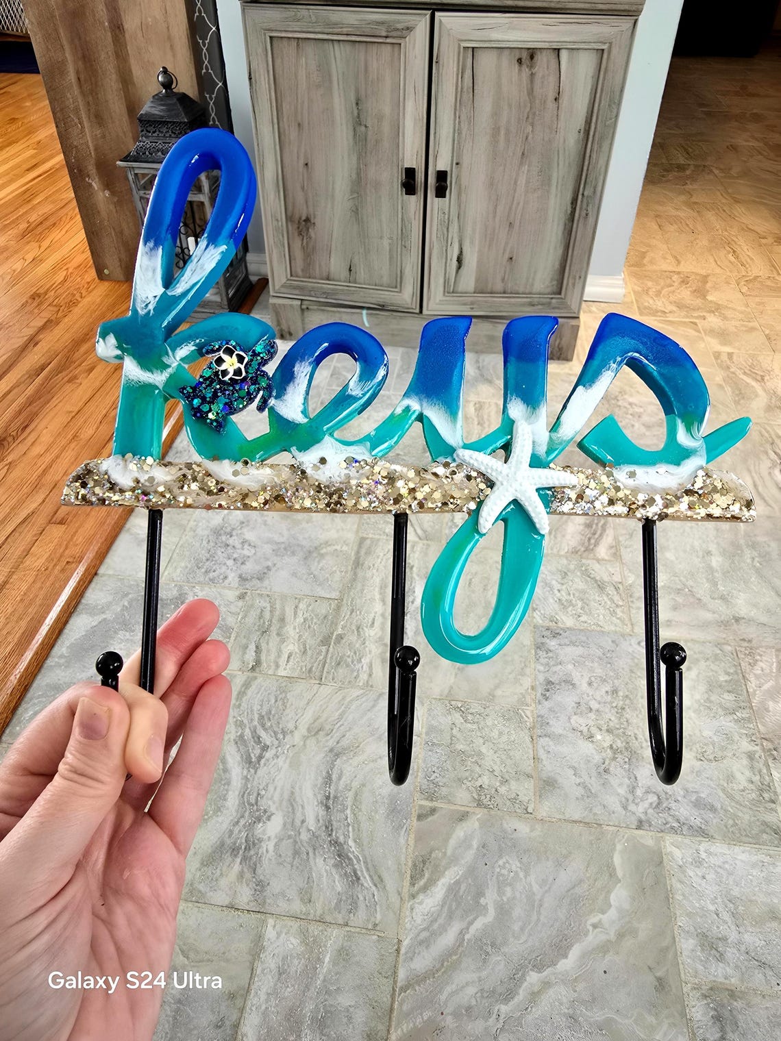 Beach Themed Key Holder With Glitter Beach, Sea Turtle and Starfish ...