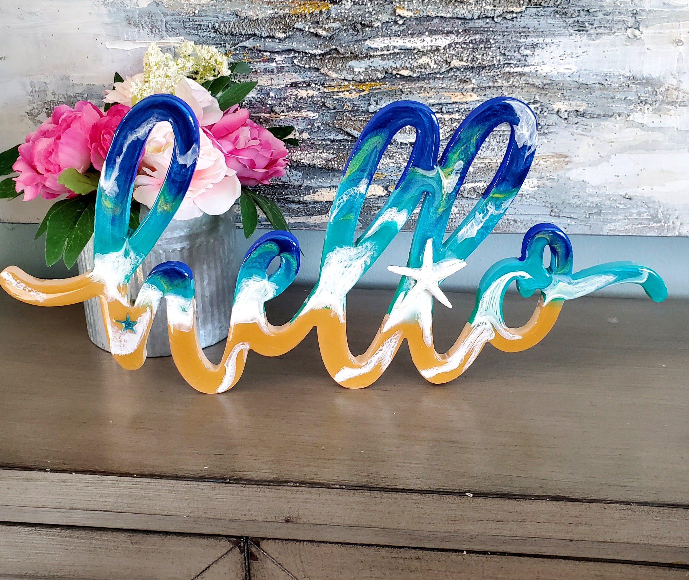 Hello Hanging Beach Sign With Shimmer Sand and Starfish, Beach Home ...