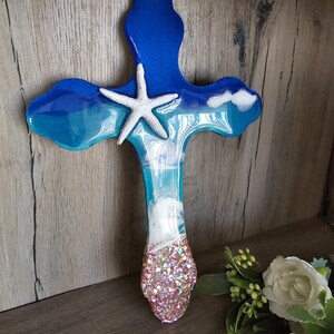 Cross Ocean Wall Hanging With Starfish and Holographic Gold Beach ...