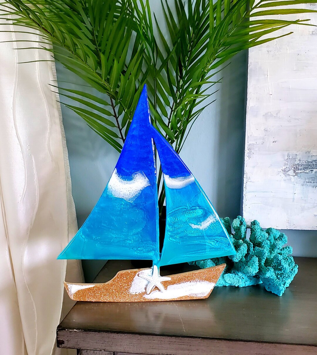 Ocean Wave Sailboat Wall Decor With Starfish and Holographic Champagne ...
