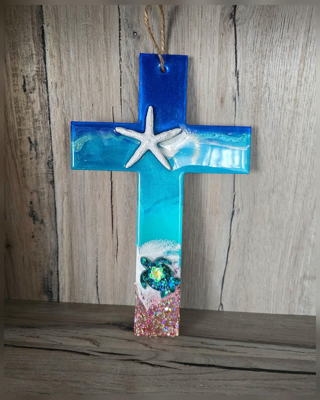 Sea Turtle Beach Cross With Holographic Beach Area, Beachy Cross ...