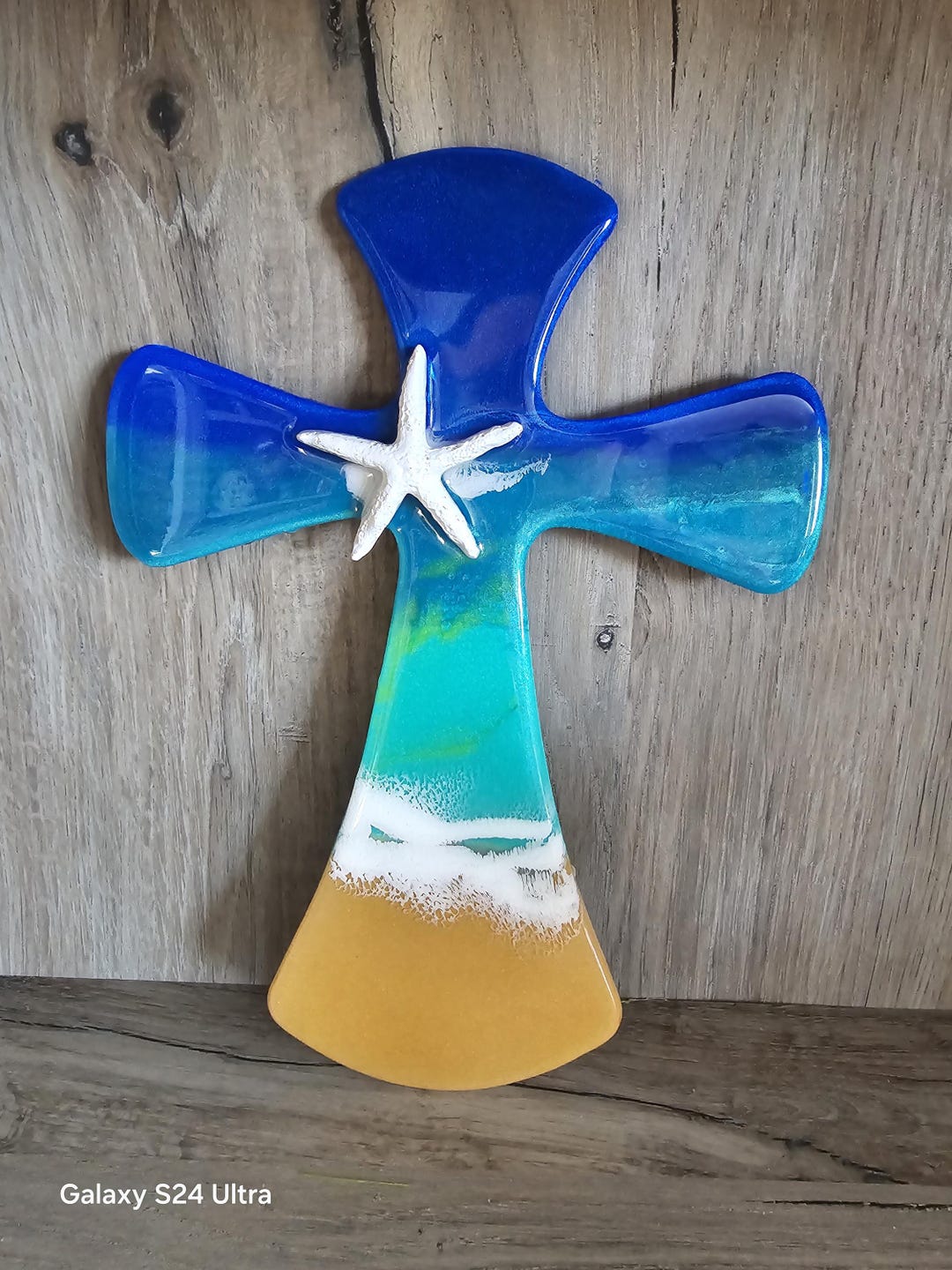 Ocean Beach Cross With Starfish and Shimmery Real Sand Beach Area ...