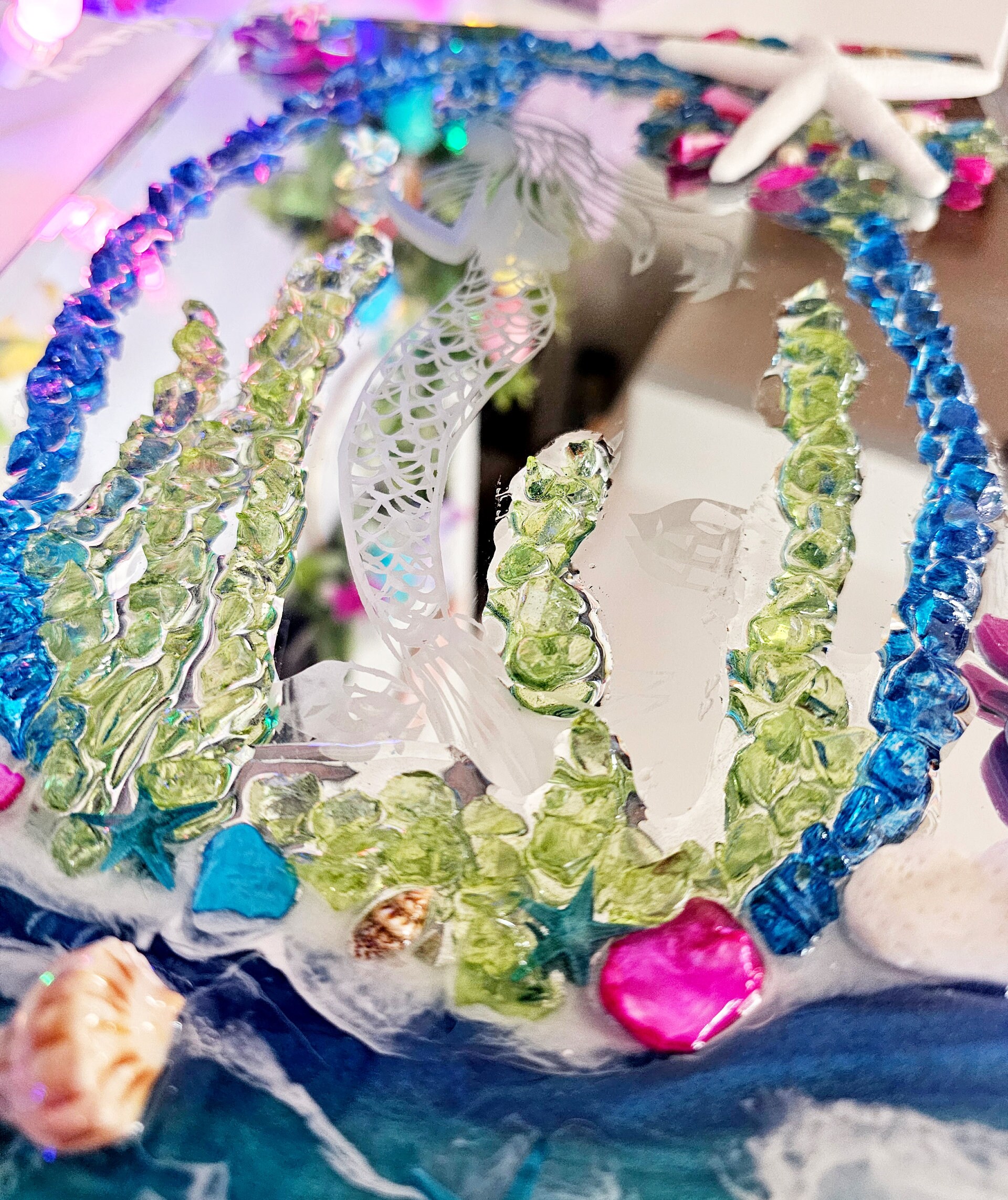 Mermaid Hanging Mirror Wall Art With Glass, Shells, Corals, Starfish ...