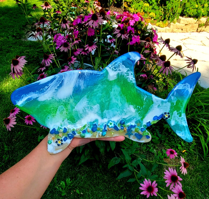 Epoxy Resin Ocean Wave Shark With Shells, Shark Resin Art, Beach Decor ...