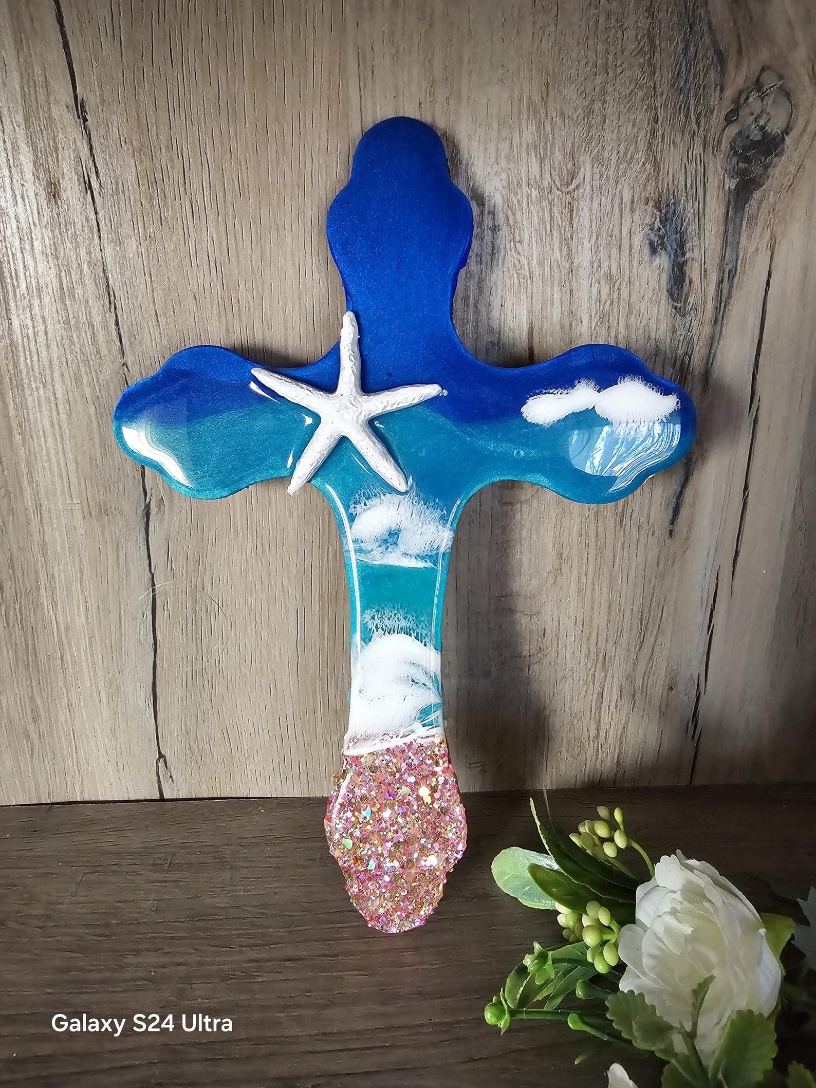 Cross Ocean Wall Hanging With Starfish and Holographic Gold Beach ...