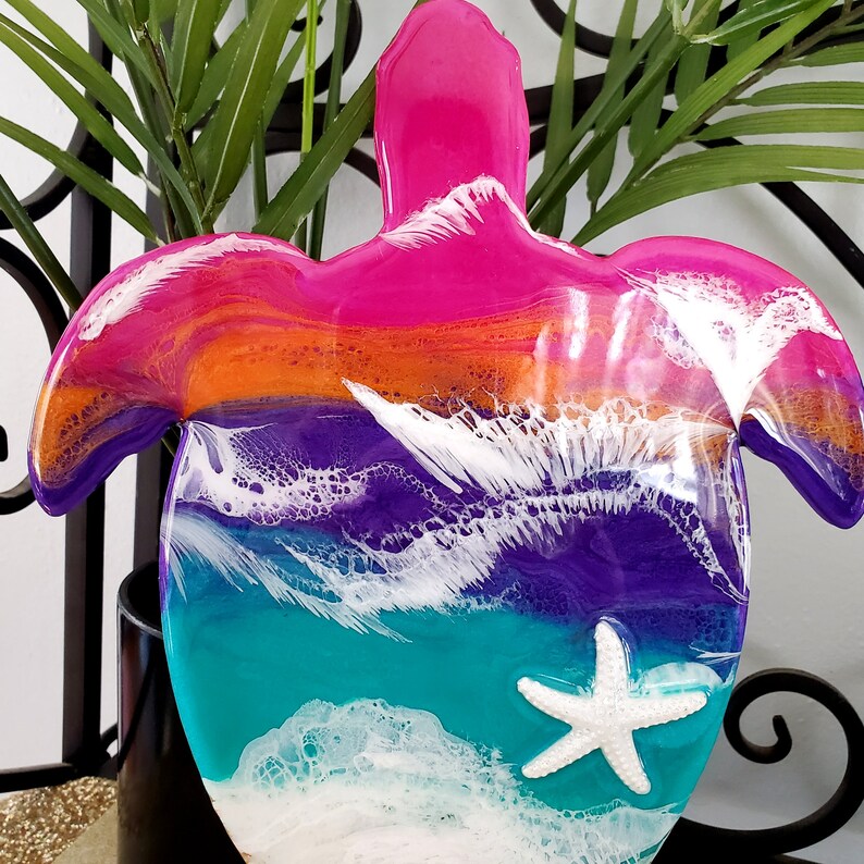 Sunset Turtle Wall Art With Shells and Glitter, Beach Home Decor ...