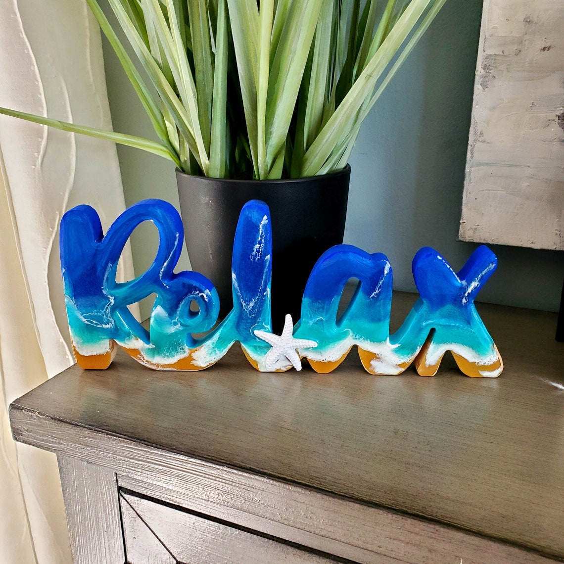 Ocean Relax Sign Shelf Sitter With Beach Waves, Shimmer Sand and ...