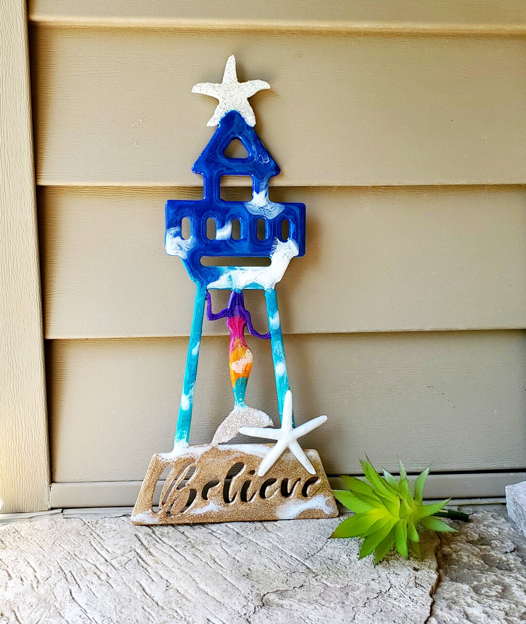 Sunset Mermaid With Ocean Lighthouse and Believe Holographic Glitter ...