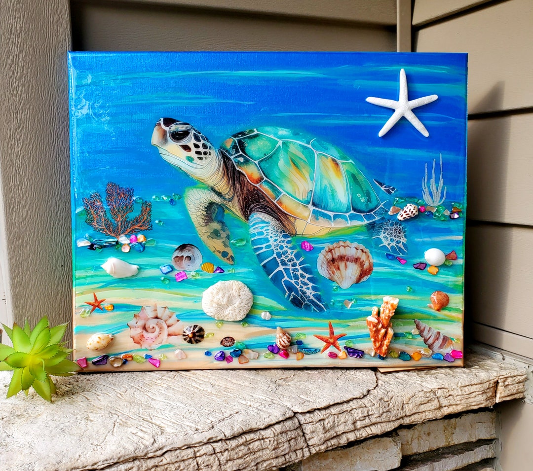 Large Sea Turtle Beach Art With Resin, Shells, Glass, Coral and ...