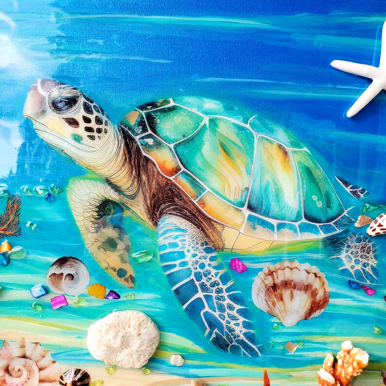 Large Sea Turtle Beach Art With Resin, Shells, Glass, Coral and ...