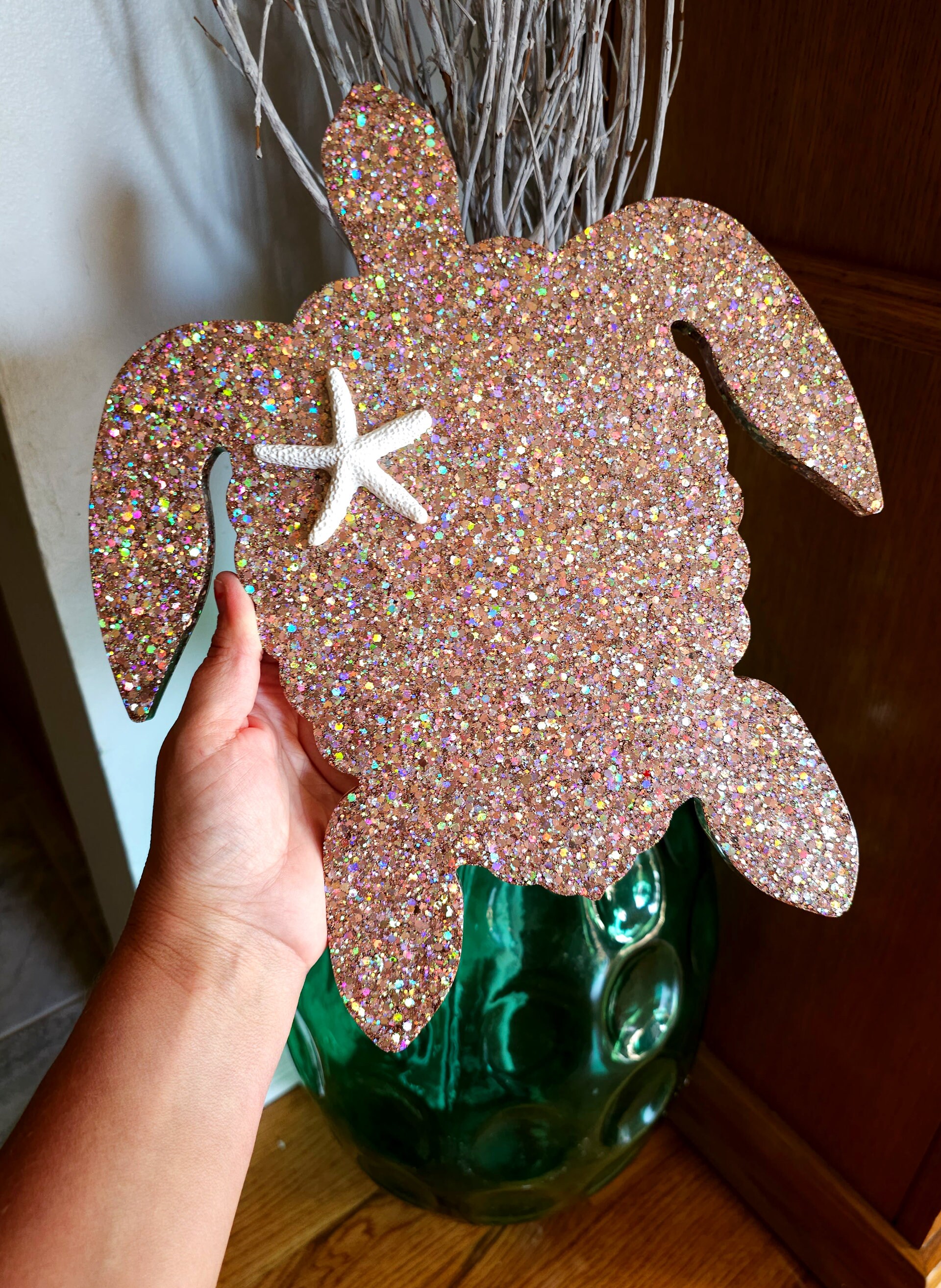 Rose Gold Holographic Glitter Sea Turtle Wall Art With White Resin ...