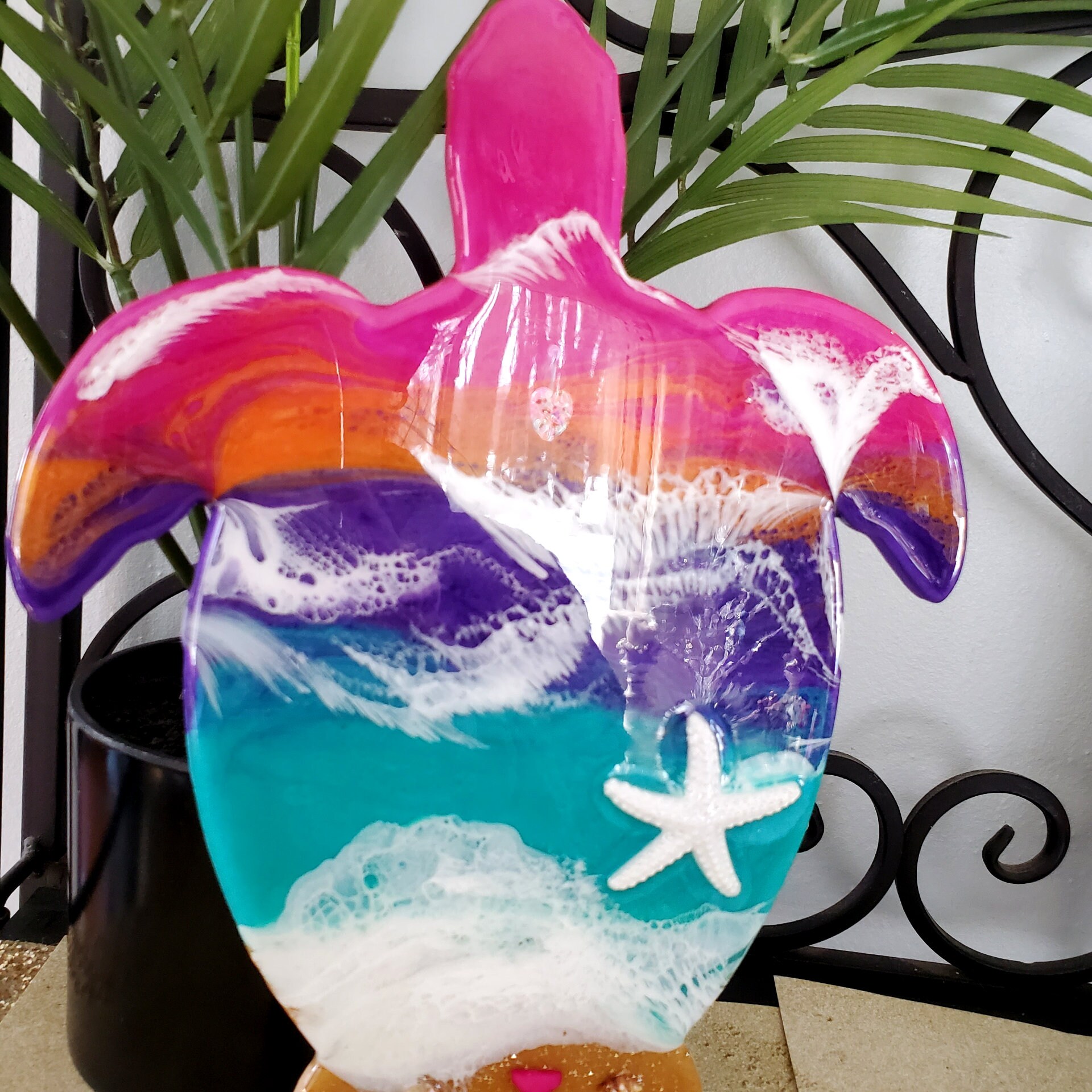 Sunset Turtle Wall Art With Shells and Glitter, Beach Home Decor ...