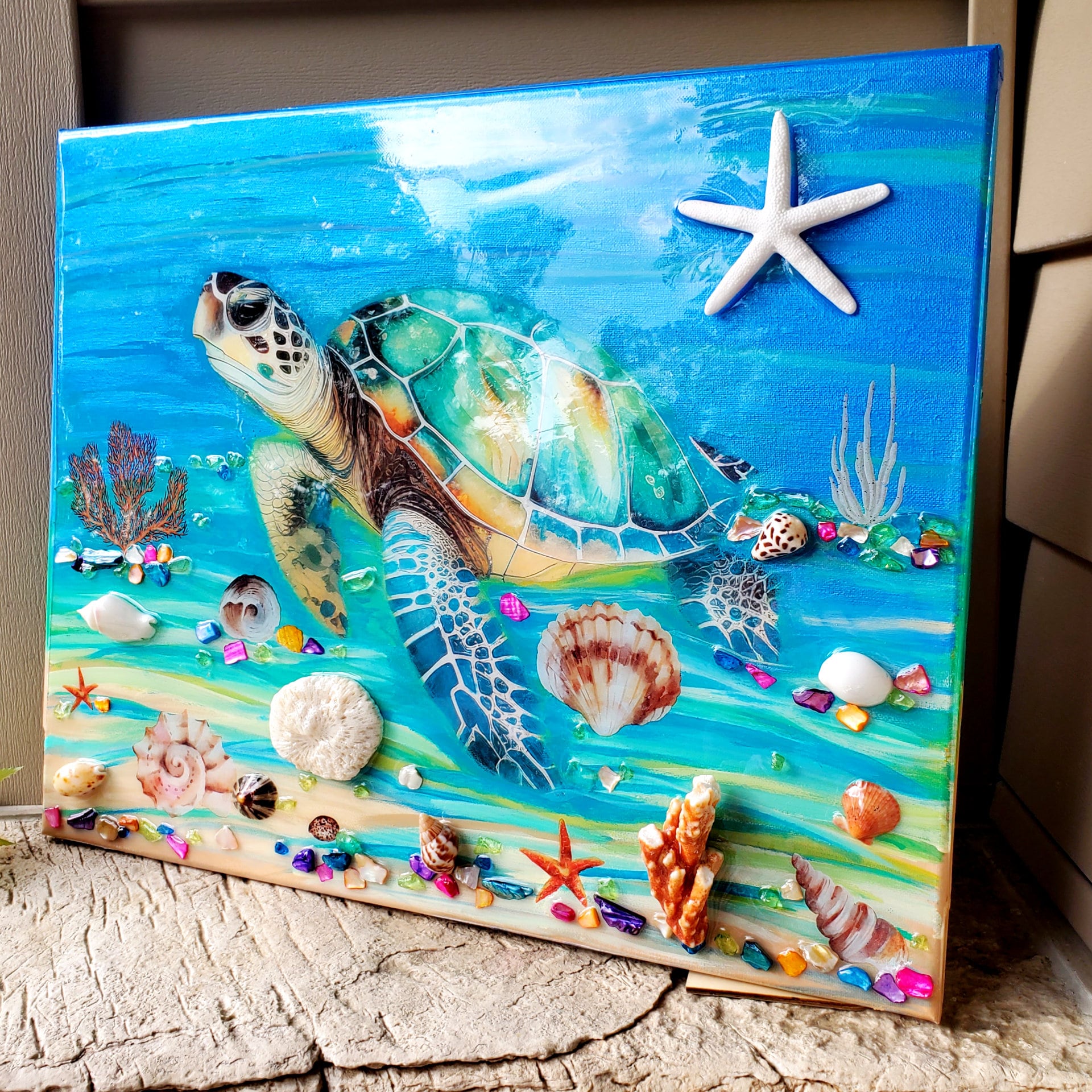 Large Sea Turtle Beach Art With Resin, Shells, Glass, Coral and ...