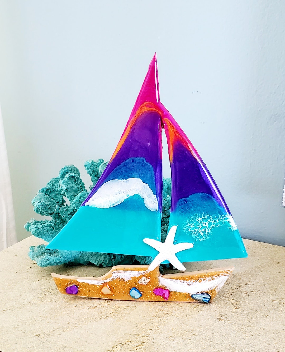 Colorful Sunset Sailboat Wall Decor With Glitter and Shells, Sailboat ...
