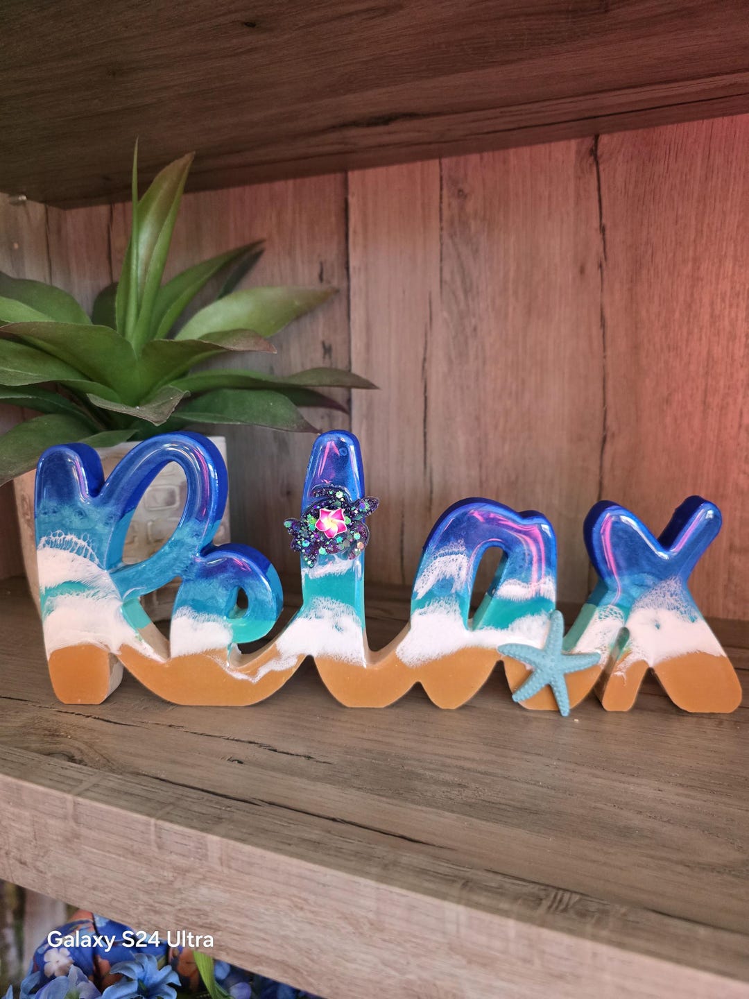 Ocean Relax Sign Shelf Sitter With Beach Waves, Shimmer Sand and ...
