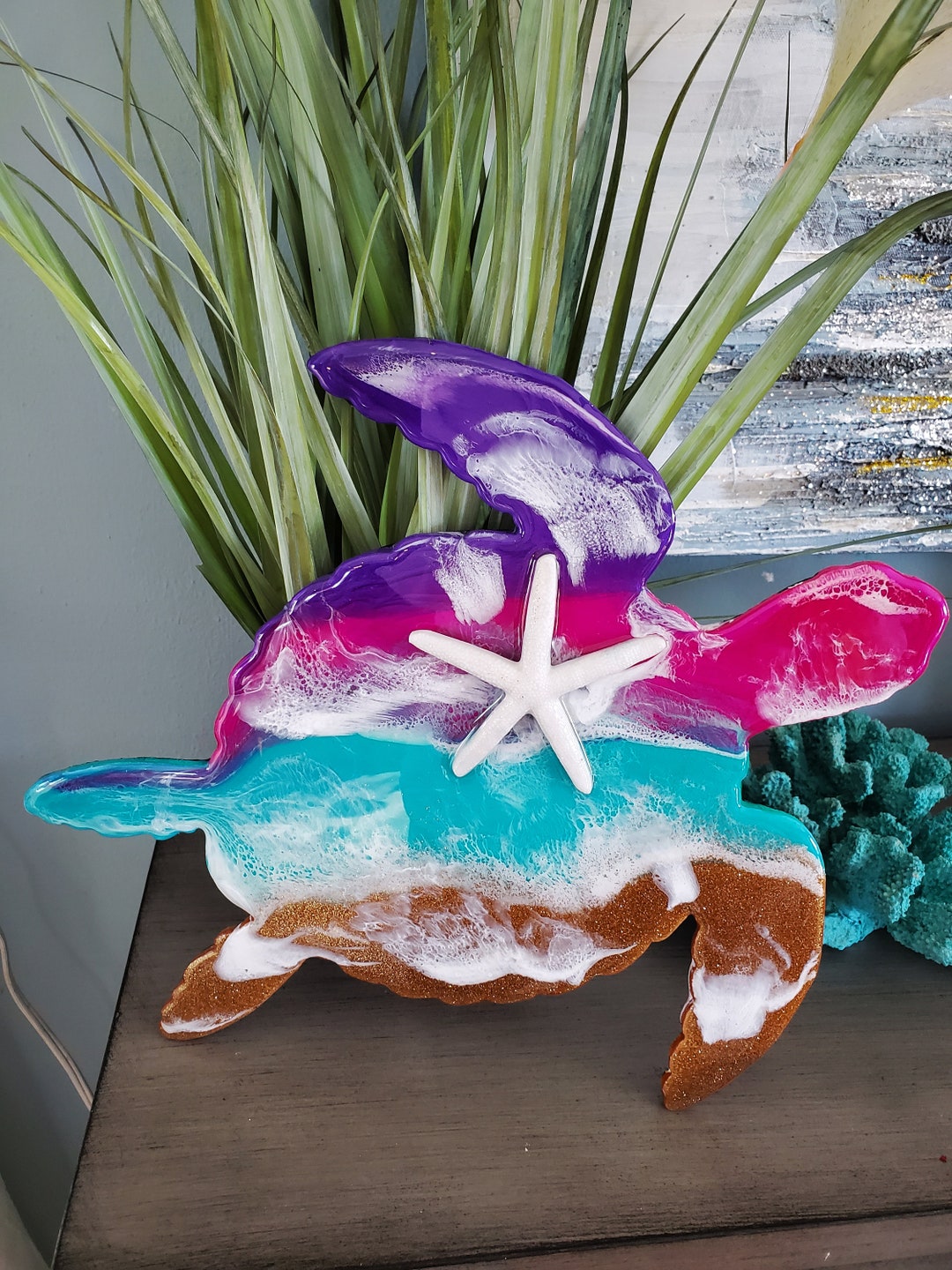 Colorful Sea Turtle Beach Art Wall Hanging With Glitter Beach and ...