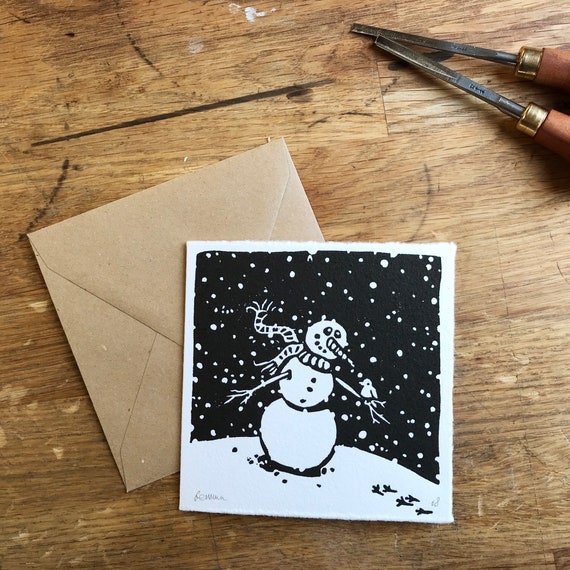 Snowman Linocut Print Handprinted Postcard - Etsy